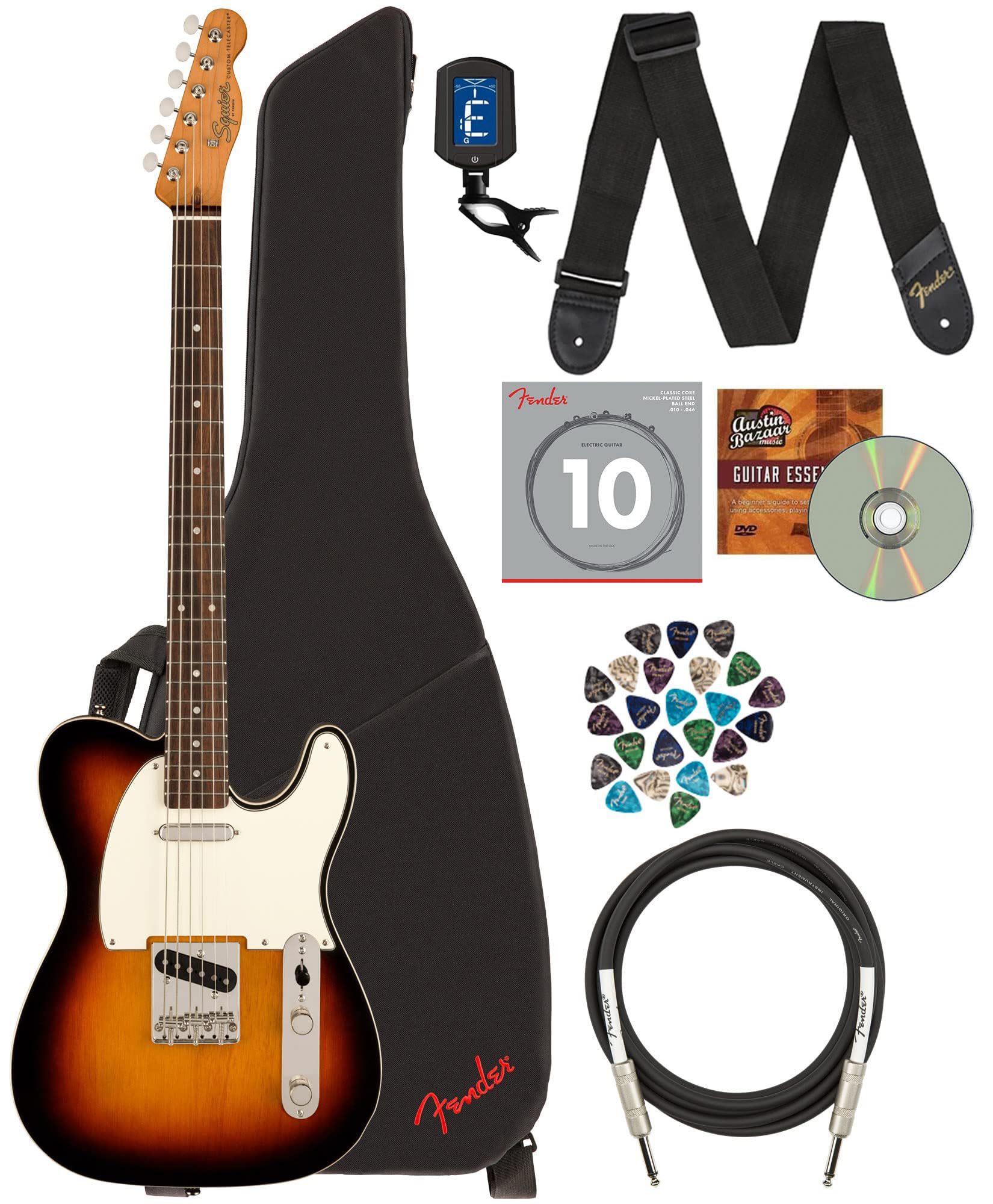 Fender Squier Classic Vibe Baritone Custom Telecaster - 3-Color Sunburst Bundle with Gig Bag, Tuner, Instrument Cable, Strap, Picks, Strings, and Austin Bazaar Instructional DVD