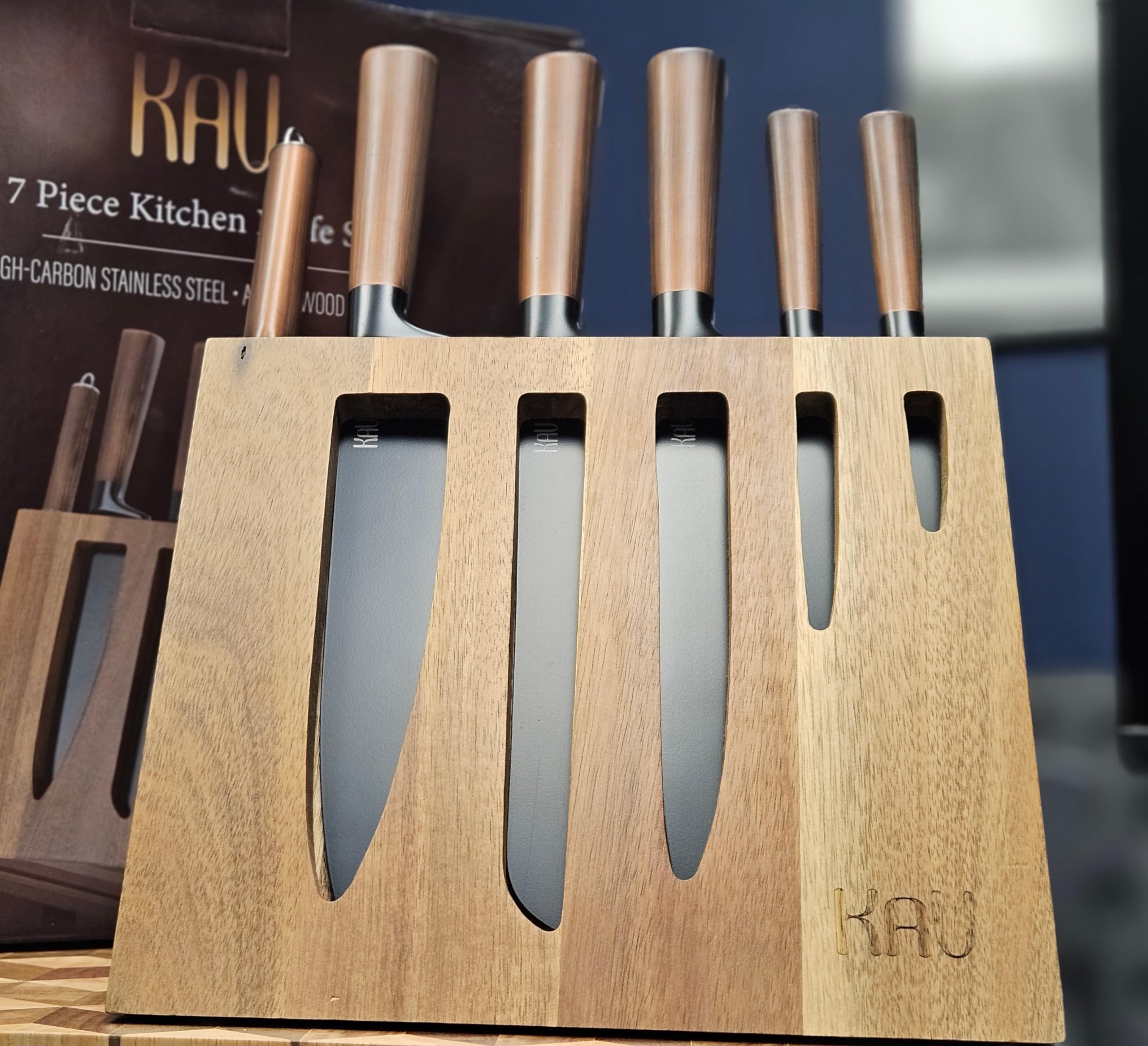 Knife Set with Block, KAV 7pc Kitchen Knives and Sharpening Rod, Stainless Steel Knife Set in High Carbon Matte Black, Chef's Slicing Bread Utility Knifes, Modern Wooden Block Open Face