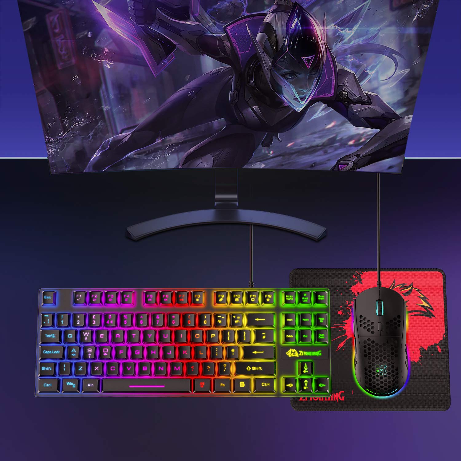 Gaming Keyboard and Mouse Combo,88 Keys Compact Rainbow Backlit Mechanical Feel Keyboard,ps4 Converter Adapter,RGB Backlit 6400 DPI Lightweight Gaming Mouse with Honeycomb Shell for Windows PC Gamers