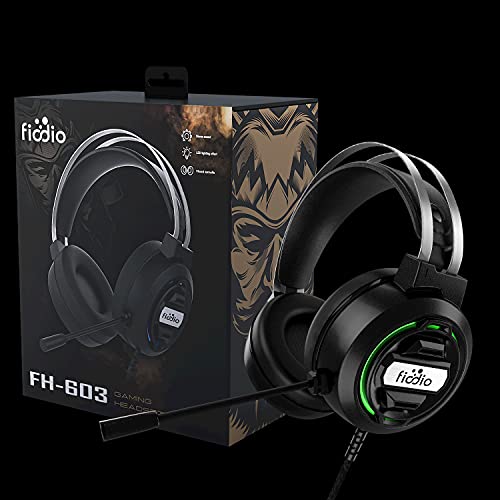 FIODIO Gaming Headset with Surround Sound Stereo for Xbox One PC Switch Tablet, Noise Cancelling Over Ear Headphones with Mic LED Light