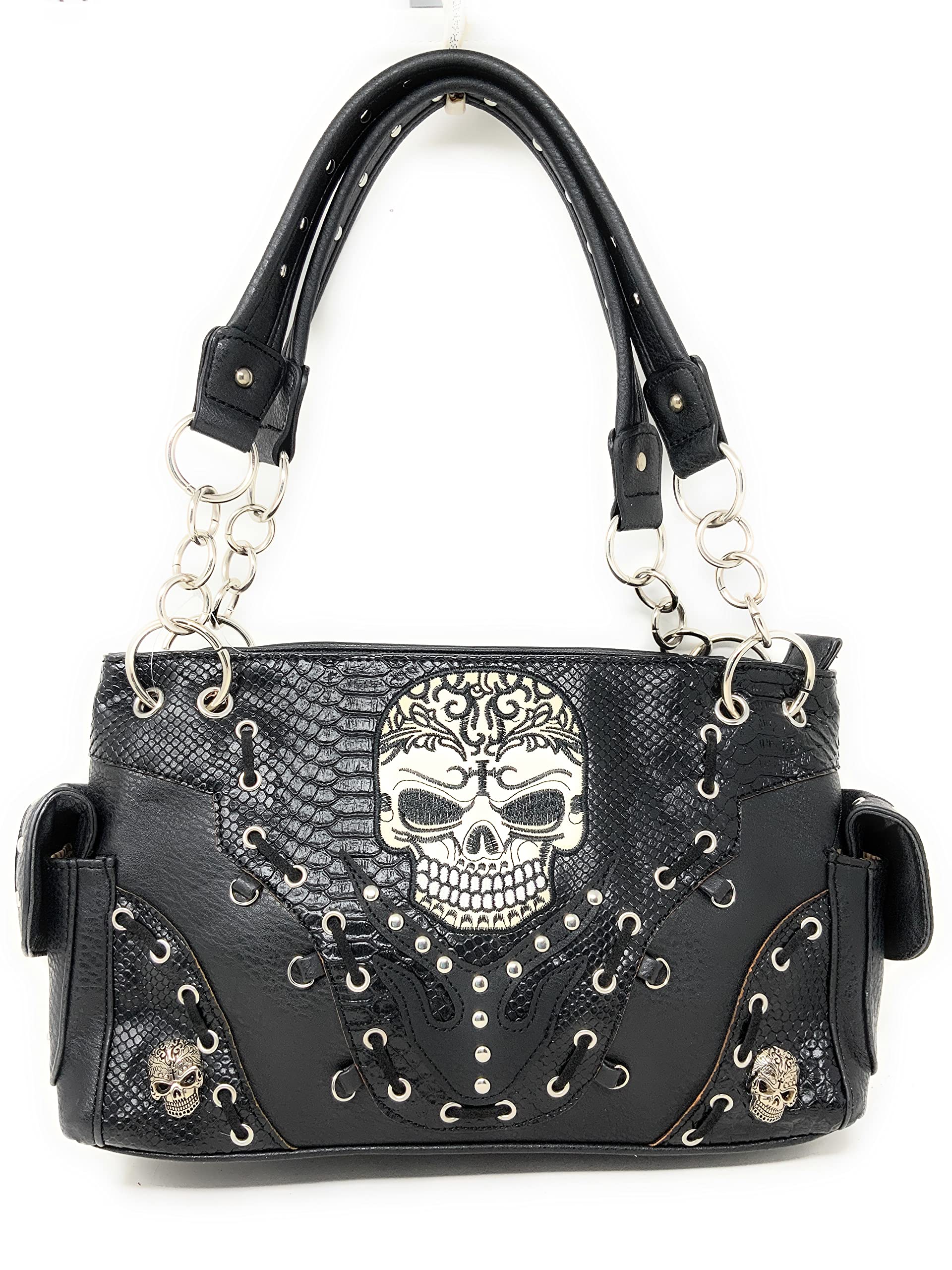 western rhinestone skull concho stitched handbag purse set (black)