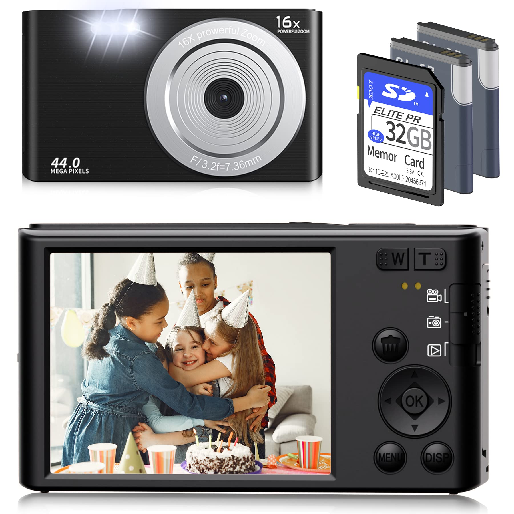Digital Cameras for Photography, 1080P 44MP Vlogging Camera 16X Digital Zoom Rechargeable Students Compact Camera 32G Card and 2 Batteries
