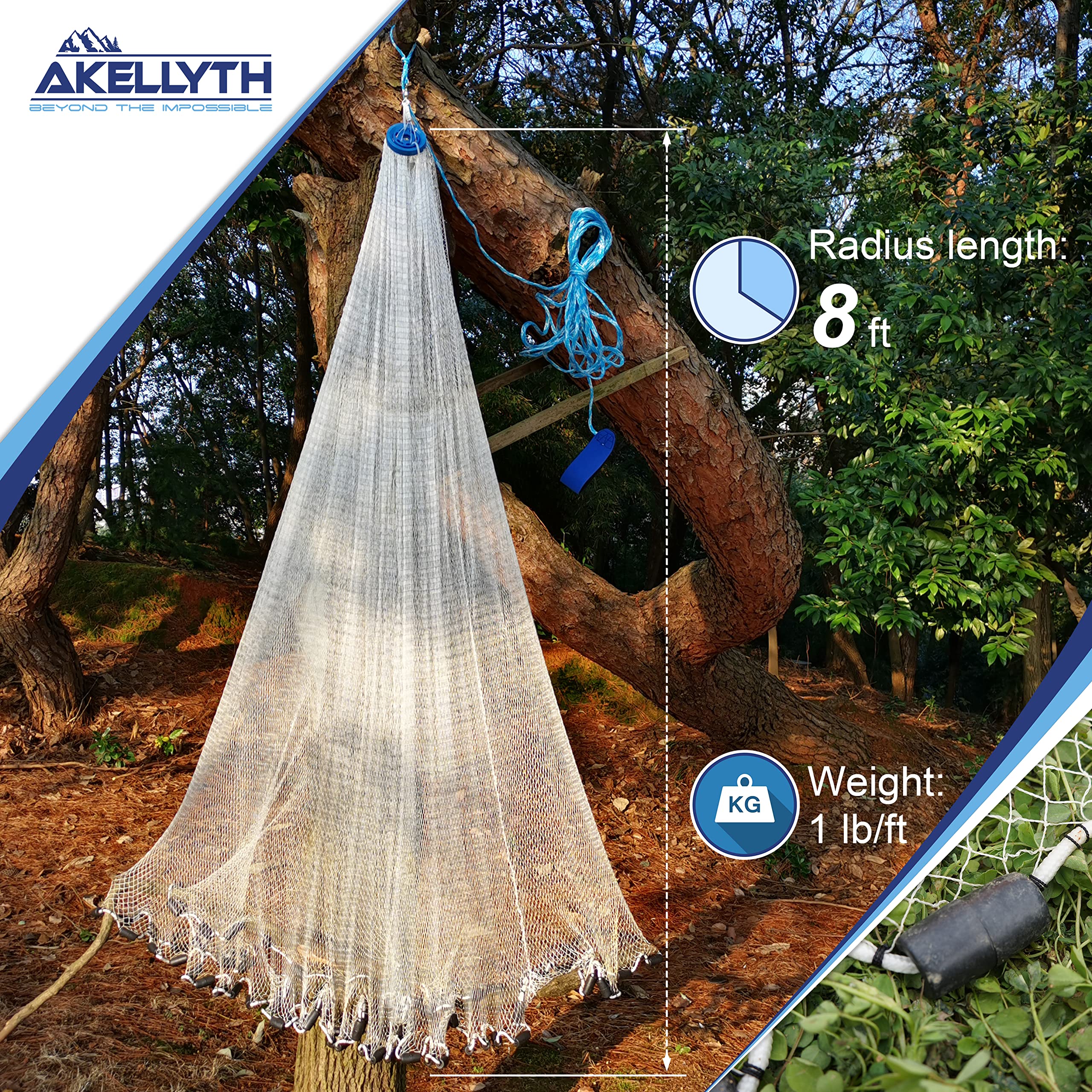 Fishing Net, American Cast Nets for Fishing, AKELLYTH 1/2" mesh, 6 ft,1 lb/ft Fishing Nets for Saltwater & Freshwater with Coated Sinkers. Offering Size: 4-6-8 Radius ft