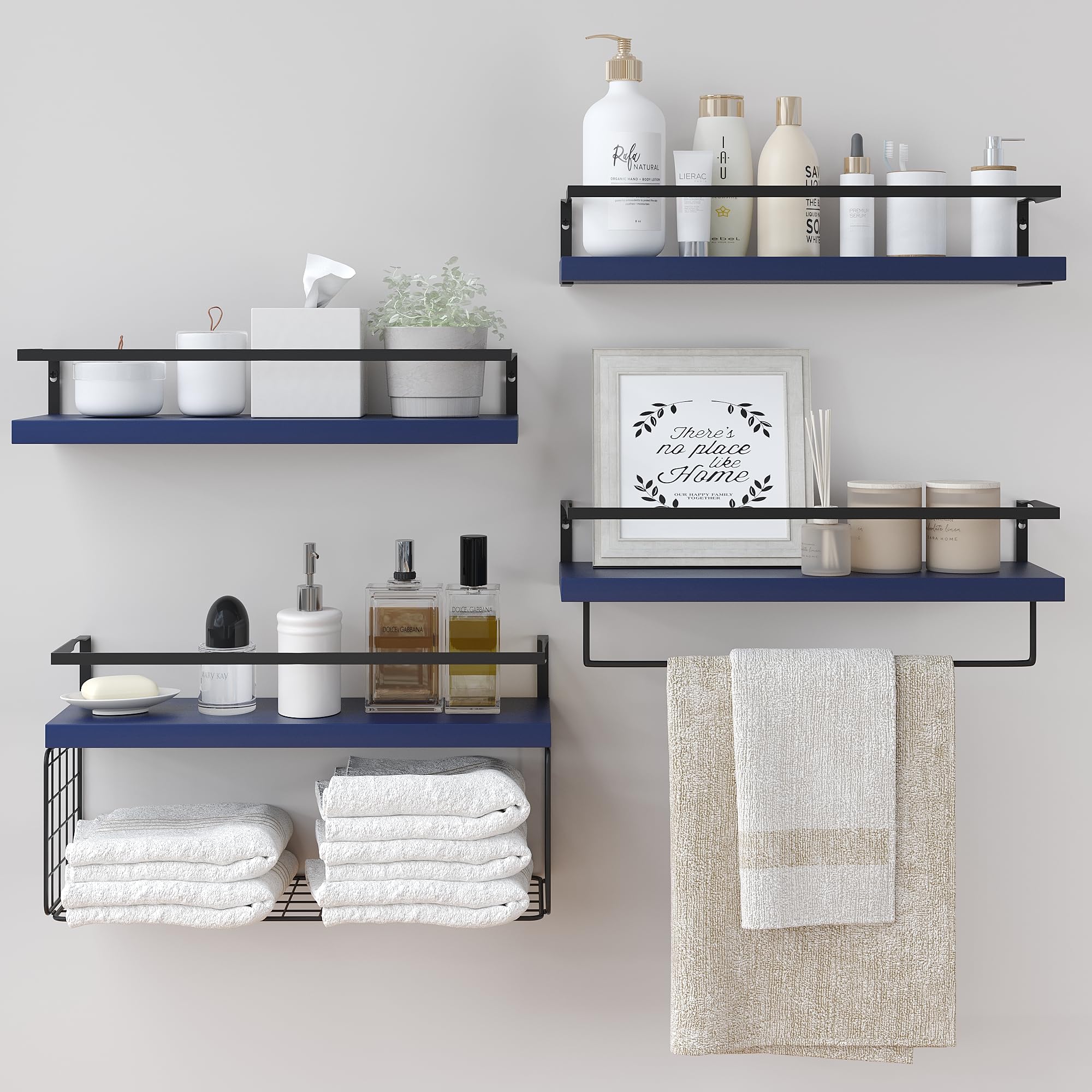 LUDORU Wood Floating Shelves Wall Mounted - 4+1 Tier Rustic Bathroom Wall Shelves Over Toilet with Wire Storage Basket and Towel Bar, set of 4 Farmhouse Floating Shelf for Bathroom, Kitchen,Navy Blue.