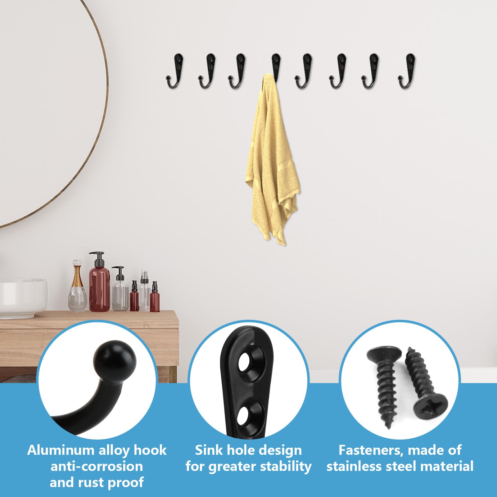 hoeslaw 20PCS Wall Mount Coat Hooks, Metal Heavy Duty Hanger with 40PCS Screws, Rustproof Wall Mout Hook for Hanging Towel Robe Bag Cup Bathroom Bedroom Kitchen Living Room Hotel Garage Pool (Black)