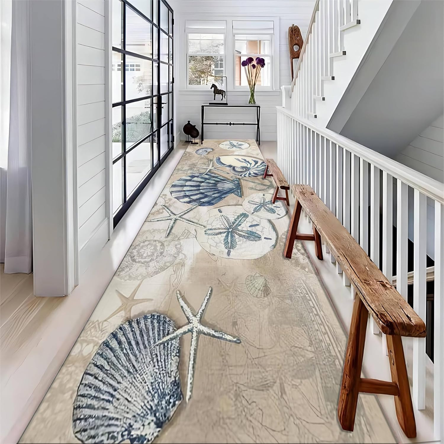 MUOUCTE Nautical Ocean Theme Runner Rug, 2x10ft, Tropical Beach Shell Long Hallway Runner Rug, Anti-Slip Durable Soft Entrance Rug, Fade Resistant Washable Carpet for Nursery Kitchen Bedside