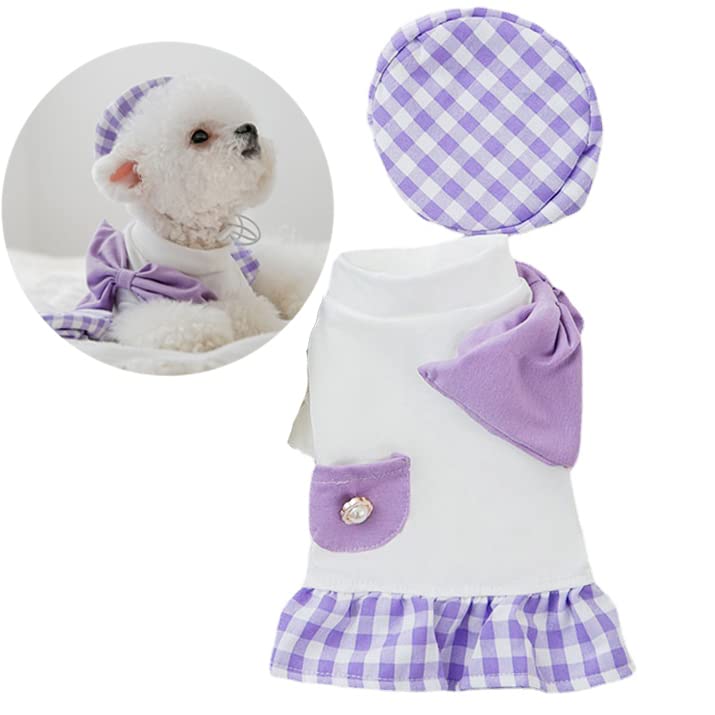 Pet Girls Suit Vintage Pearl Plaid Bow Dog Tutu Dress with Adjustable Hat Doggie Sweatshirt Puppy Girl Funny Costume Spring Dog Cat Outfits Apparel