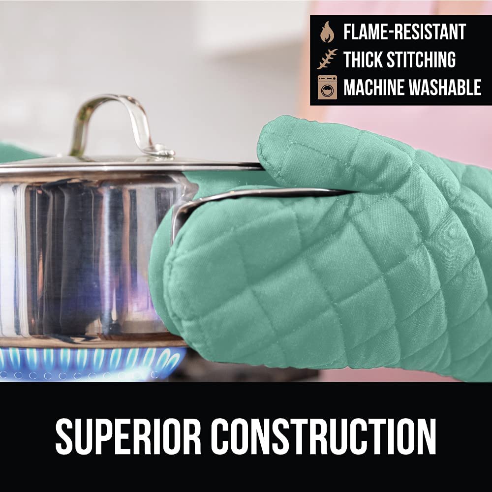 Gorilla Grip Silicone Oven Mitts and Cotton Oven Mitts Set, Both in Mint Color, Soft Quilted Lining, Heat Resistant, 2 Item Bundle