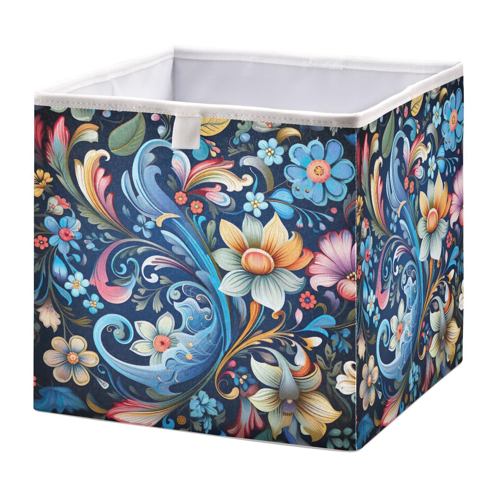 Haskirky Colorful Flowers Foldable Collapsible Storage Box Bins,11x11x11 Inch Cubes Baskets Fabric Storage Bins with Handles for Shelves Nursery Closet Home Decor