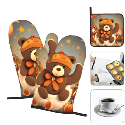 Dancing Thanksgiving Bear Oven Mitts and Pot Holders Set–Ultimate Heat Resistant Set for Kitchen and Dining