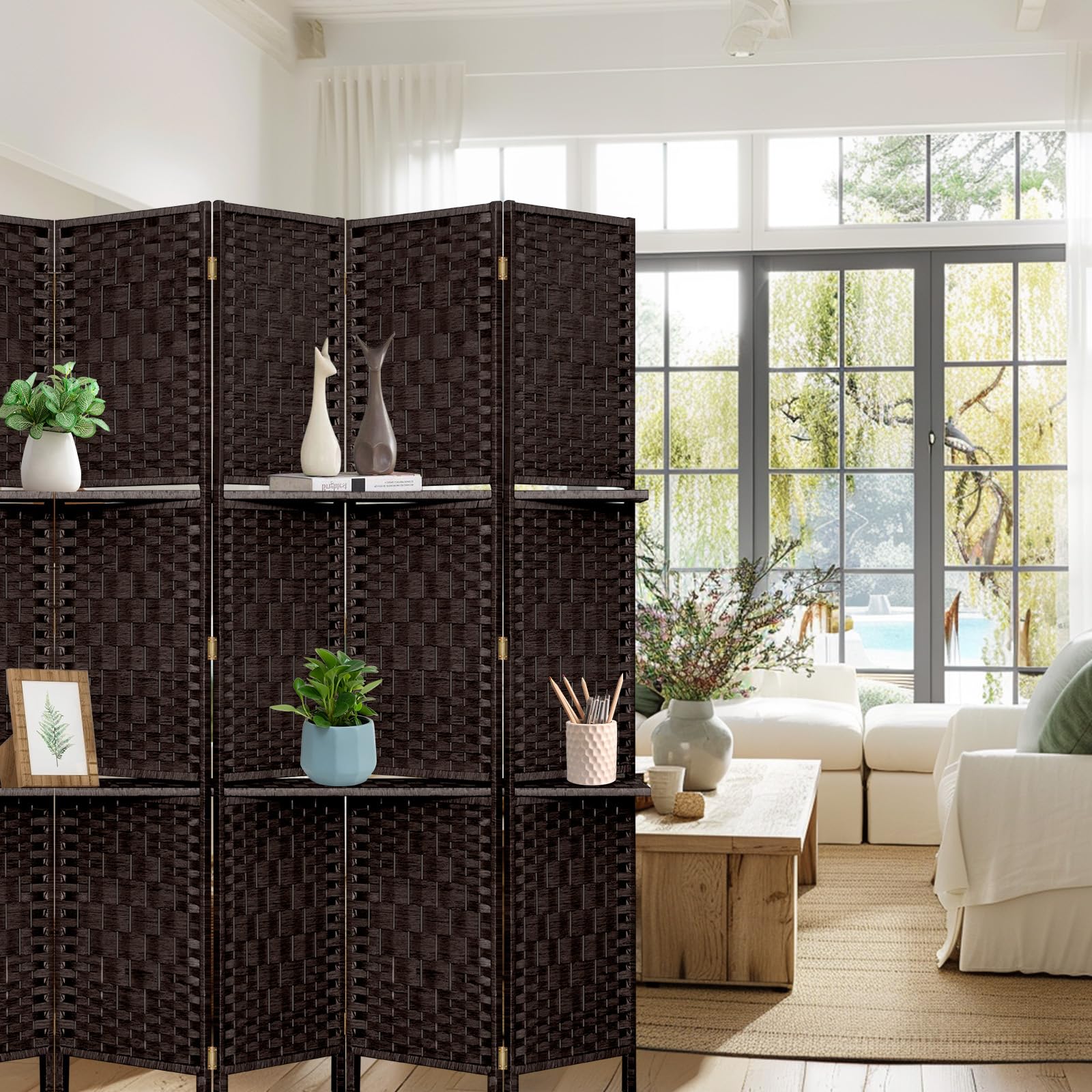 HALLYBEE Room Divider with Shelves, Room Dividers and Folding Privacy Screens, Divider for Room Separation Partition Room Dividers, 16" Folding Screen 6FT Room Divider Wall 4 Panel, Dark Mocha