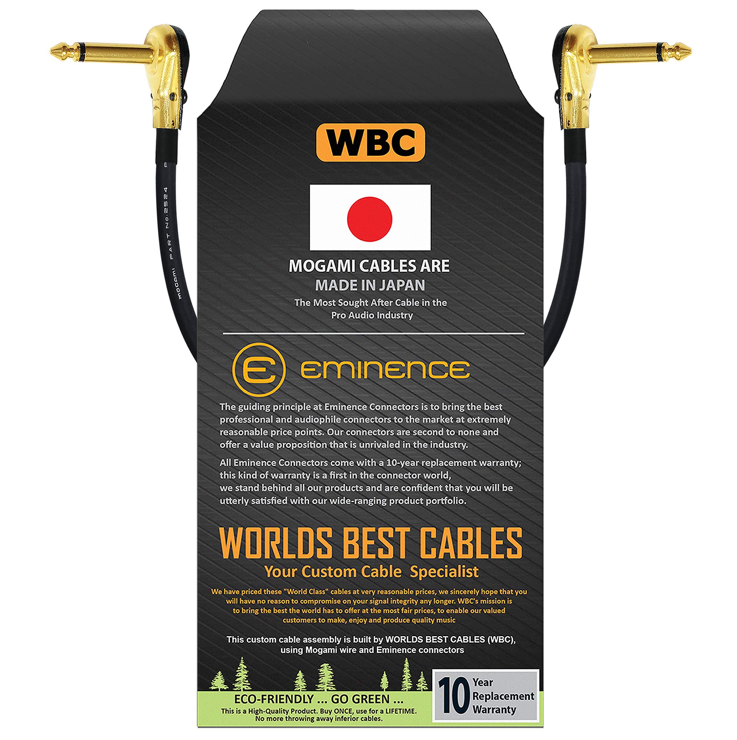 WORLDS BEST CABLES 18 Inch - Pedal, Effects, Patch, Instrument Cable Custom Made Made Using Mogami 2524 Wire and Eminence Gold Plated ¼ inch (6.35mm) R/A Pancake Type Connectors