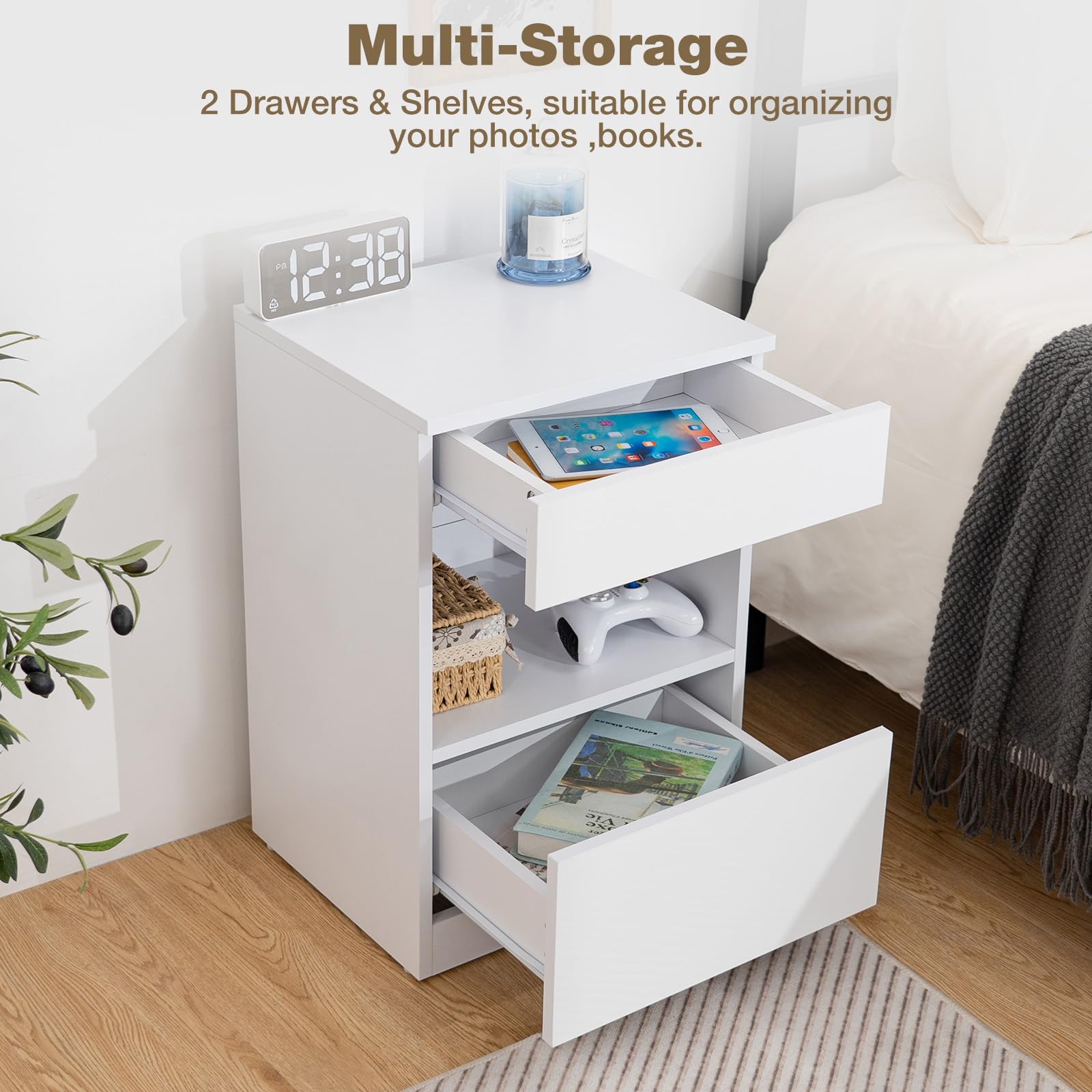 HOMMPA Wood Nightstand, Black Night Stand with 2 Drawers, Bedside Table with Storage Shelf, End Tables with Drawers, Bedroom Side Tables High Gloss Tall Nightstand