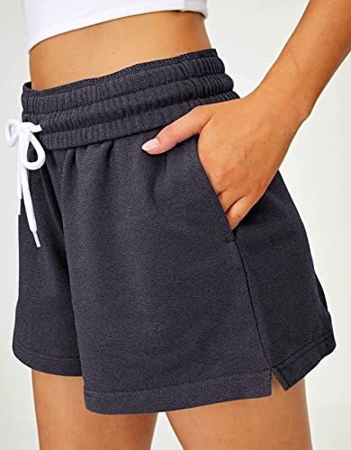 Elastic Waist Comfy Workout Cycling Athletic Running Shorts for Women Solid Cute Drawstring Volleyball Sweat Shorts Summer Casual PJ Bermuda Shorts Pocket Dark Grey L