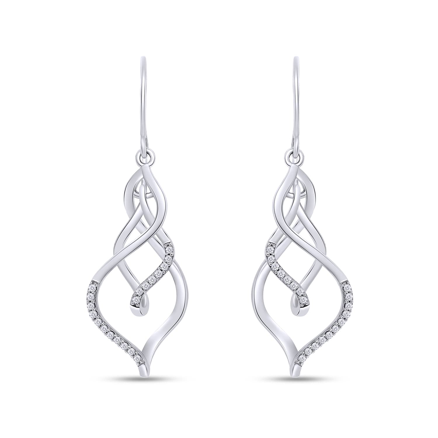 White Natural Diamond Triple Flame Drop Earrings in 10k Solid White Gold (0.2 Cttw)