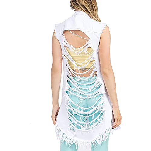 Songling Women's Distressed Ripped Sleeveless Mid Long Denim Jacket Jean Vest Cardigan Coats(White,XXL)
