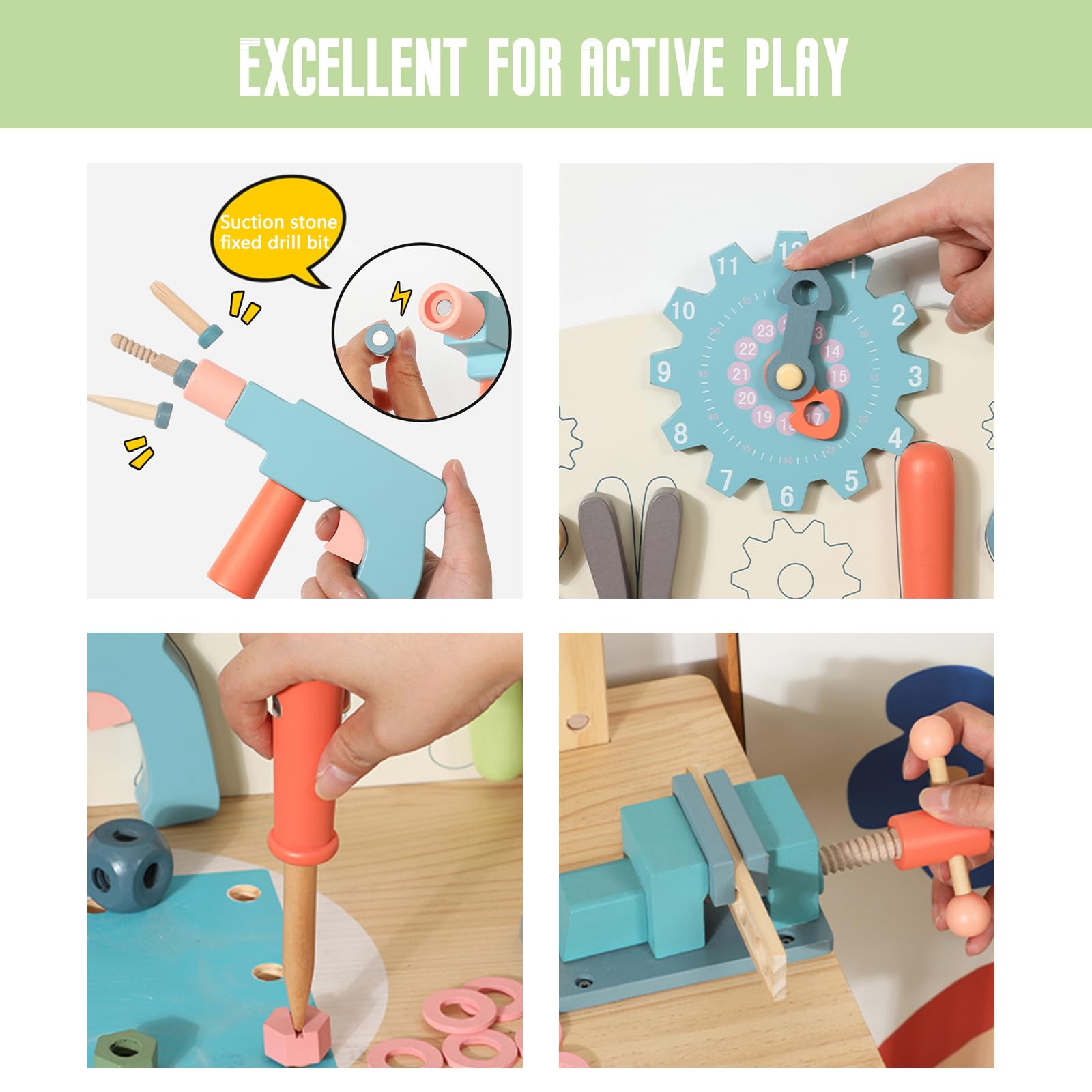 Wooden Power Tool Workbench for Kids, Building Tools Sets Pretend Play Toys - Construction Workbench with Wrench, Screwdriver, Miter Saw and Hammer - Educational Gift for Toddlers Age 3 and Up