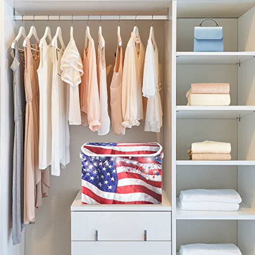 innewgogo American Flag Firework Storage Bins with Lids for Organizing Large Collapsible Storage Bins with Handles Oxford Cloth Storage Cube Box for Car