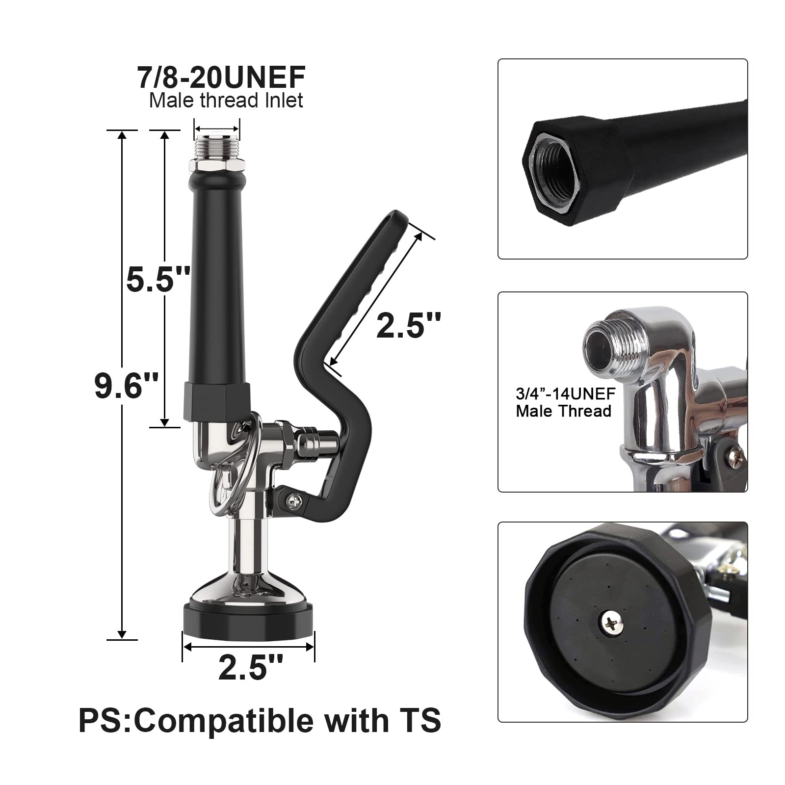 JZBRAIN Pre-Rinse Spray Valve Commercial Sink Sprayer 1.42 GPM High Pressure for Commercial Kitchen Faucet Replacement Head (Polished Chrome) - Black