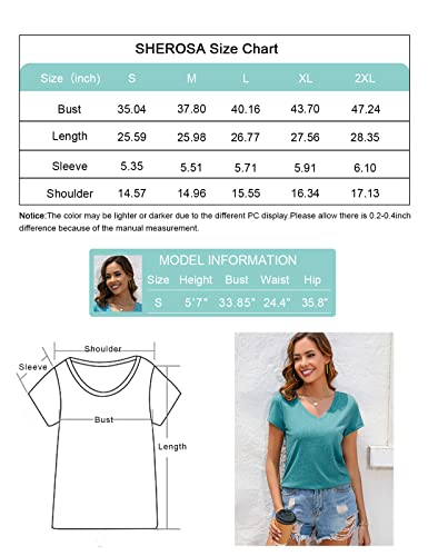 Sherosa Ladies Tops Short Sleeve V Neck Tee Shirts Cotton Plain T Shirts Basic Tees for Women Light Green S