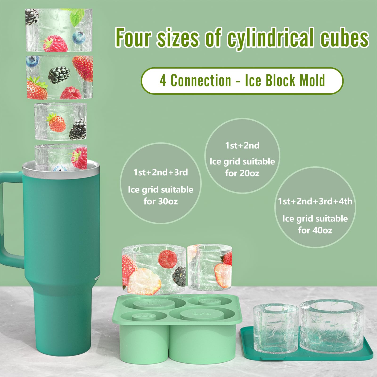 Ice Cube Trays with Lids for Stanley Cup,4Pcs Cylinder Silicone Ice Cube Trays for Freezer,Ice Mold with Lid and Bin for Freezer, Ice Drink, Juice, Whiskey, Cocktail, 20Oz, 30Oz, 40Oz(Green)