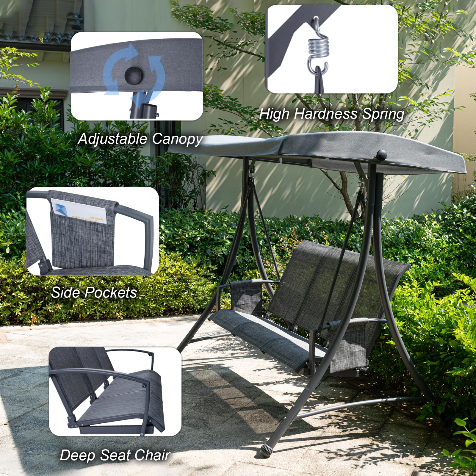 KMX 3-Seat Heavy Duty Outdoor Patio Swing with Canopy, Breathable High-Back Seats, Porch Swing with Adjustable/Removable Canopy for Backyard, Balcony, Garden, Deck – Gray