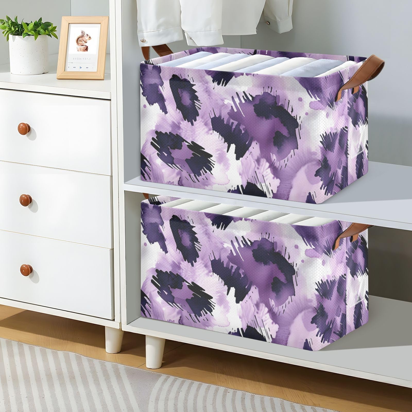 HOMONAW Rectangular Closet Storage Bin Purple Leopard Print Storage Baskets with Handles Collapsible Closet Shelf Organizer for Clothes, Toys, Towel, Home, Bedroom, Office