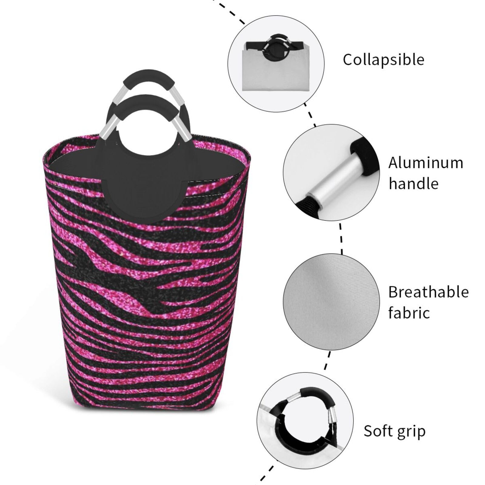 Large Laundry Hamper, Pink and Black Zebra Print Bling Faux Glitter Laundry Basket Collapsible & Waterproof Storage Basket for College Dorm, Family Essentials