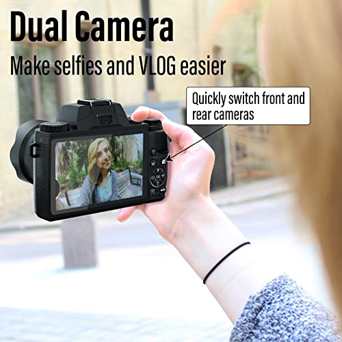 VJIANGER Digital Camera for Photography 4K Vlogging Camera for YouTube 64MP Mirrorless Camera with WiFi, Dual Camera, 52mm Fixed Lens, 4.0" Touch Screen, 32GB SD Card & Camera Bag(W05-Black3)