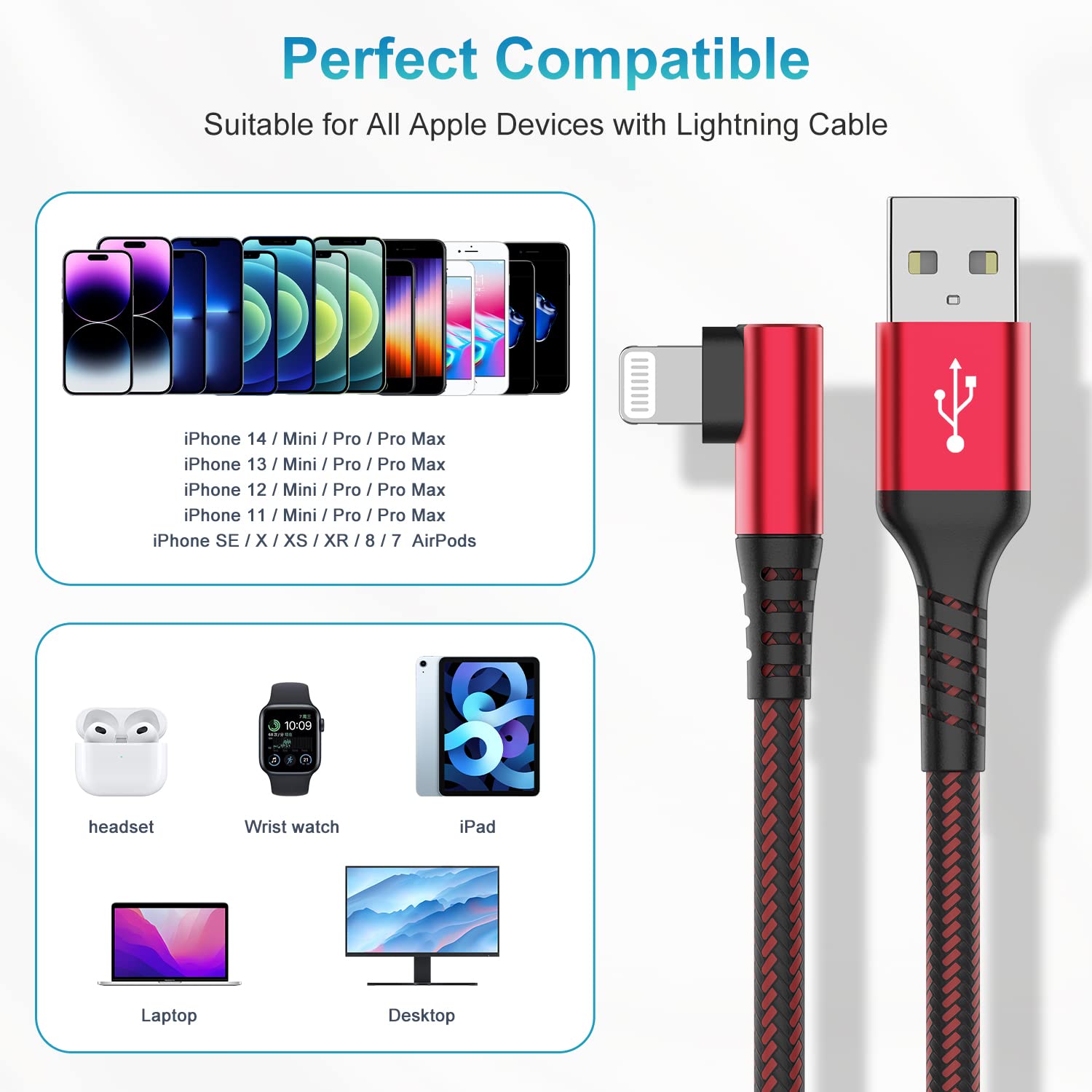 iPhone Charger 10ft (3Pack), Apple MFi Certified 10Feet 90 Degree Nylon Braided Lightning Cable Right Angle 10Foot iPhone Charging Cord for Apple iPhone 14 13 12 11 Pro X XS XR 8 Plus 7/6/5-Red