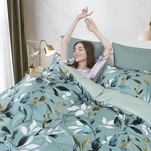 PHF Washed Soft Duvet Cover Set Queen Size, 3PCS Stylish Botanical Comforter Cover Set, Ultra Soft Comfy Durable Chic Duvet Cover with Pillow Shams Bedding Collection, 90" x 90", Sage Green Botanical
