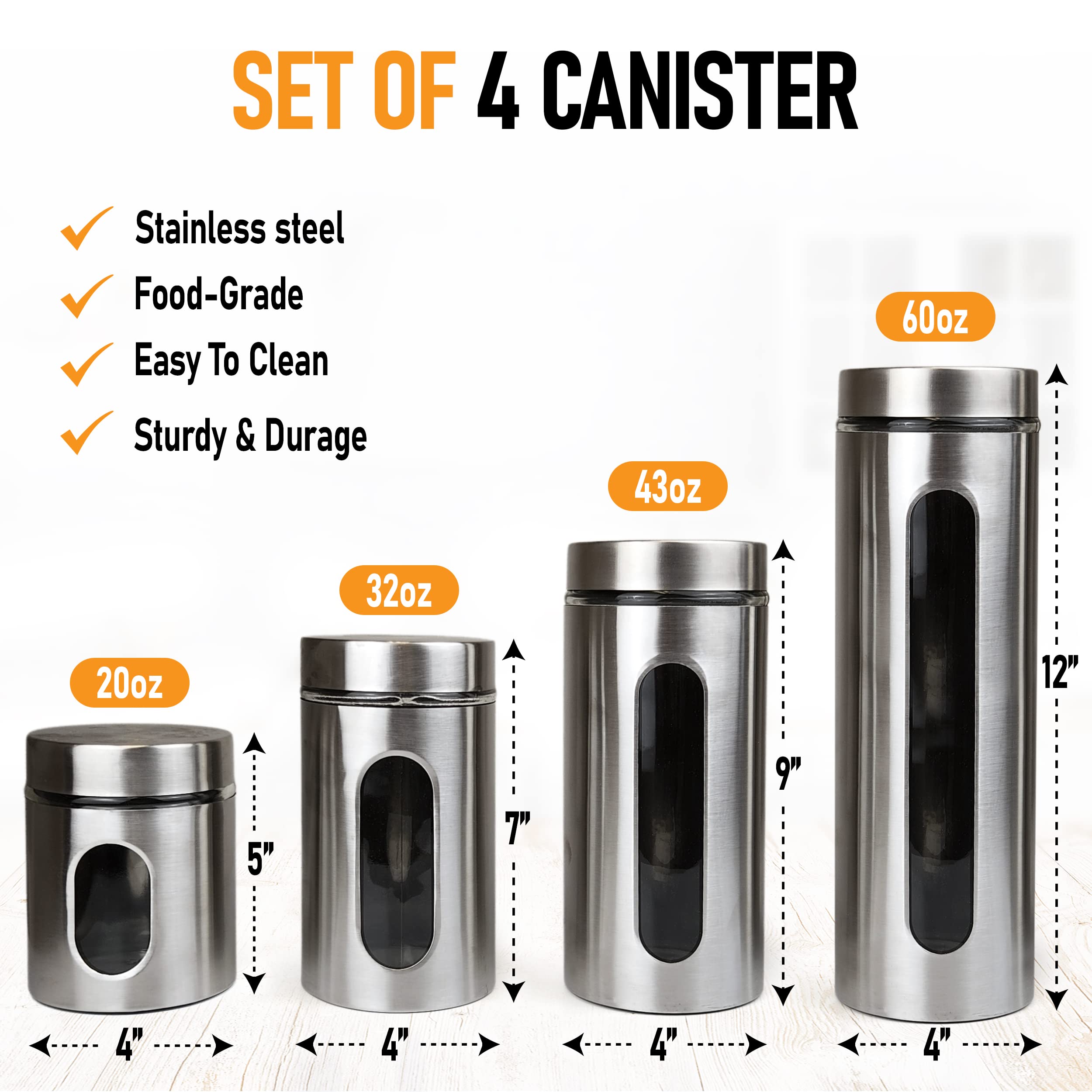HOMEARRAY Stainless Steel Kitchen Canisters for Countertop β Set of 4 Stainless Steel Containers with Lids β Kitchen Containers Storage Set with Glass Window for Pasta, Cereal, Flour
