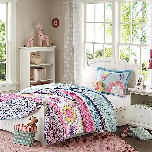 Mi Zone Kids Crazy Daisy Bedding For Girls Quilt Set - Sky Blue, Pink , Flowers, Butterfly ā Kids Girls Quilts ā Ultra Soft Microfiber Quilt Sets Coverlet, Full/Queen 4Piece