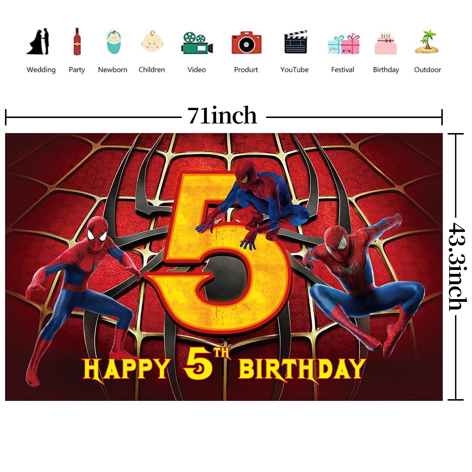 Dikovo Spider 5th Birthday Backdrop Decorations, Spider Theme Birthday Banner for Kids 5th Birthday Party Decoration Supplies