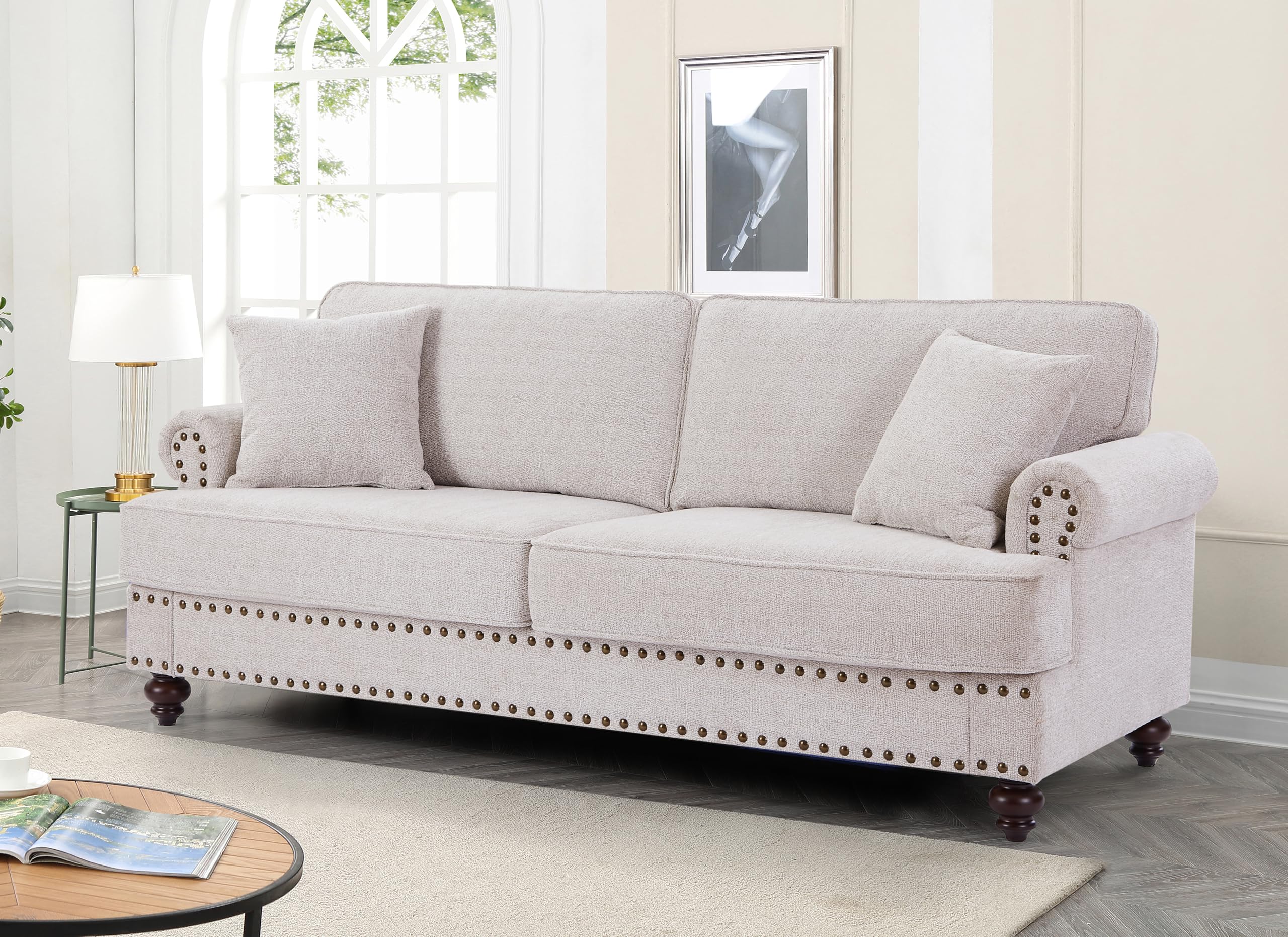 Mid Century Modern Sofa Set, 22" Extra Deep Seat juegos de muebles de sala Comfy Chenille Upholstered Living Room Furniture Sets with Rolled Arms Nailhead Trim (White, 3 Pieces A)