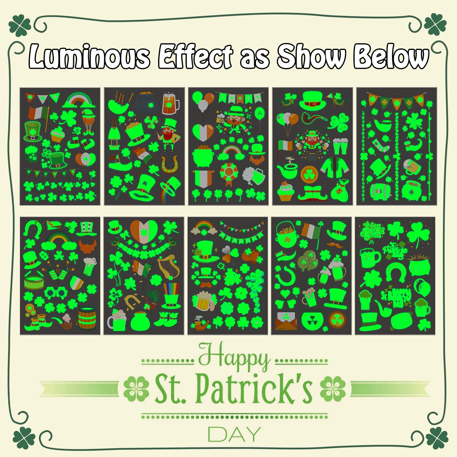 Partywind 200 Styles Luminous St Patrick's Day Temporary Tattoos for Kids Party Favors, Glow Saint Patrick's Day Accessories Decorations, Special Irish Shamrock Stickers for Kids (10 Sheets)