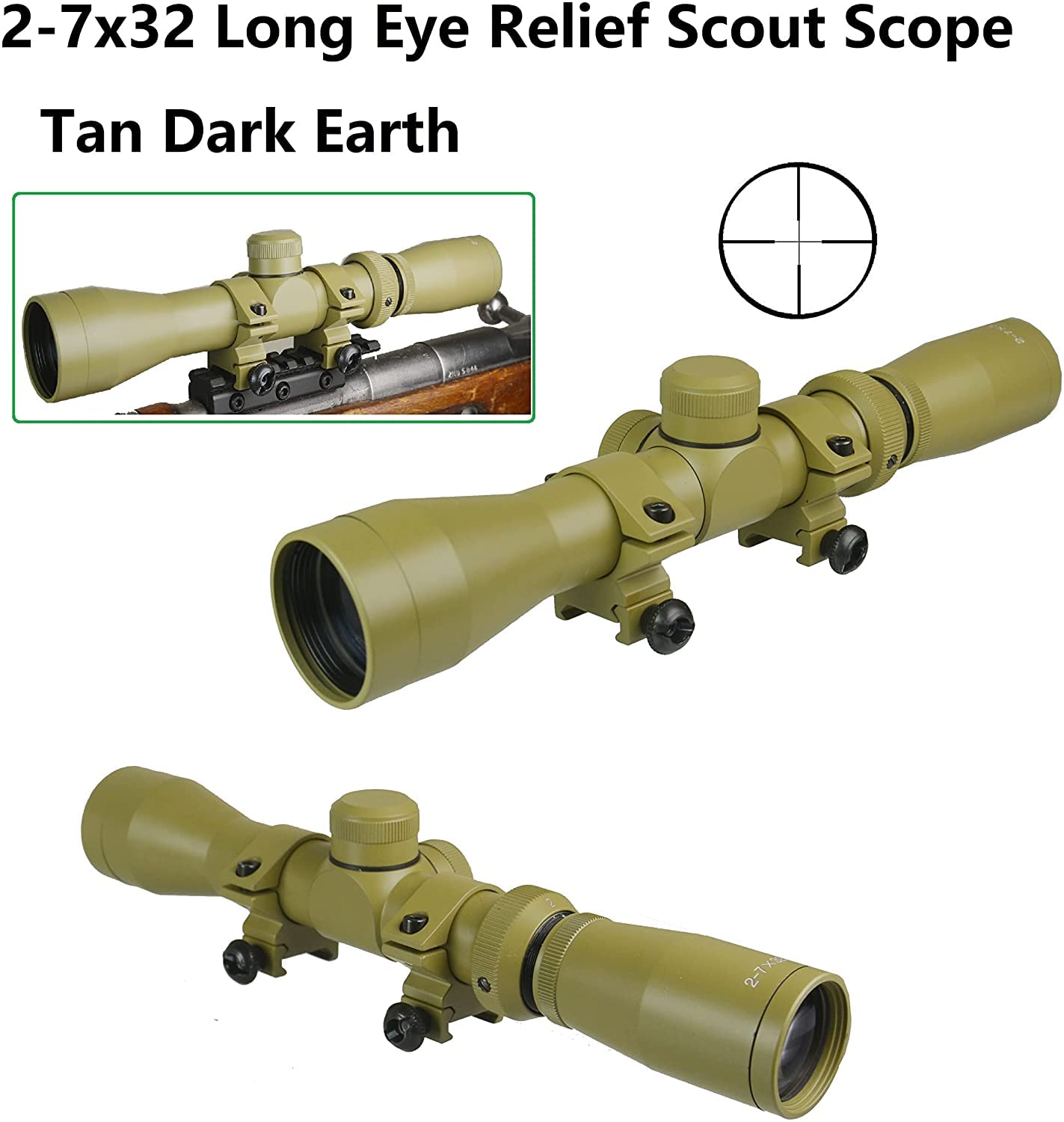 DB TAC INC Tan Color 2-7x32 Long Eye Relief Scout Scope with Weaver Scope Rings, Tan Dark Earth Anodized, Blue