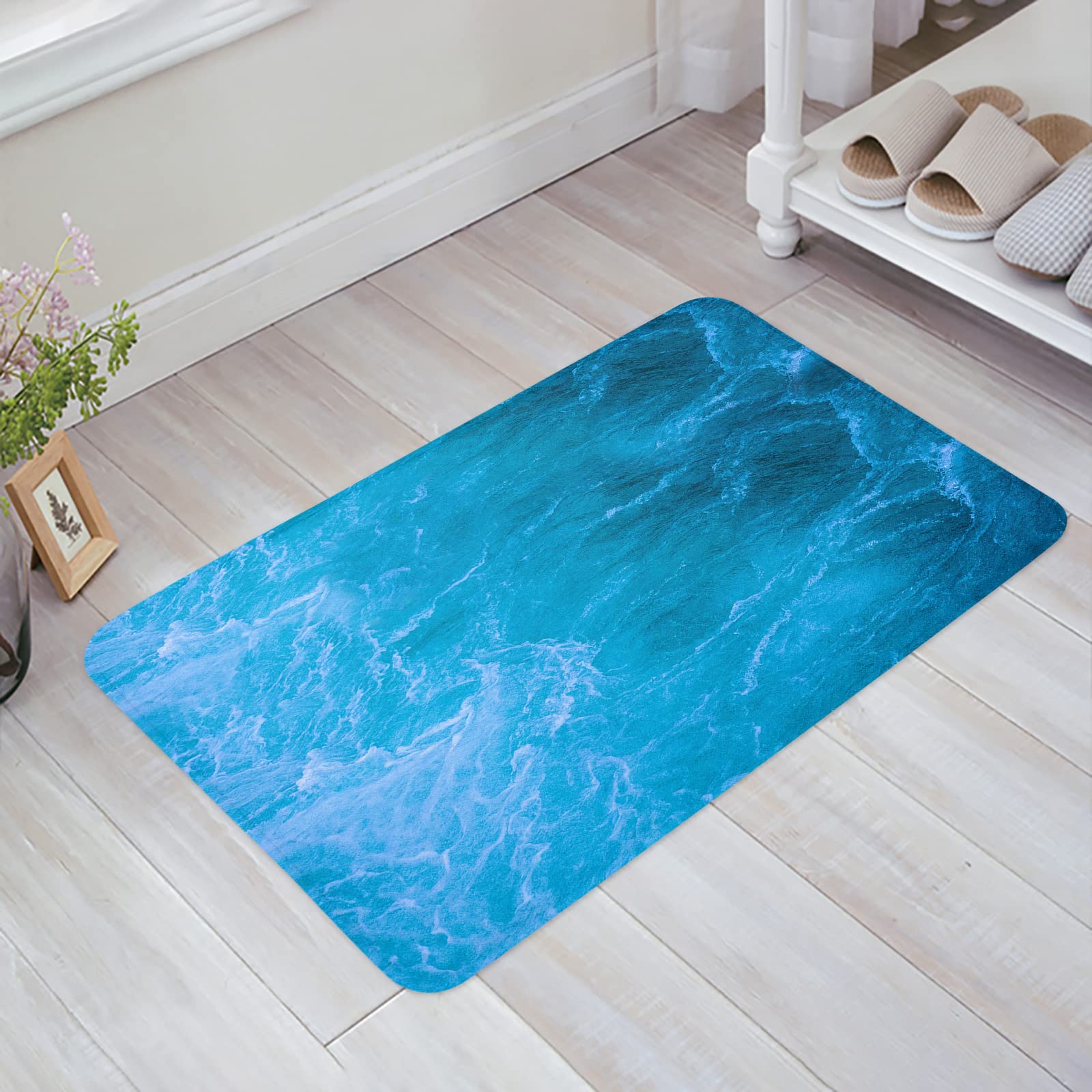 Front Door Mat Floor Mats for Home Decor, Simple Sea Ocean Memory Foam Runner Area Rug Non-Slip Absorbent Doormat Washable Rug, 18x30Inch Welcome Mats for Bedroom Decor Living Room Decor