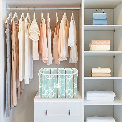 innewgogo Wooden Anchor Storage Bins with Lids for Organizing Baskets Cube with Cover with Handles Oxford Cloth Storage Cube Box for Living Room