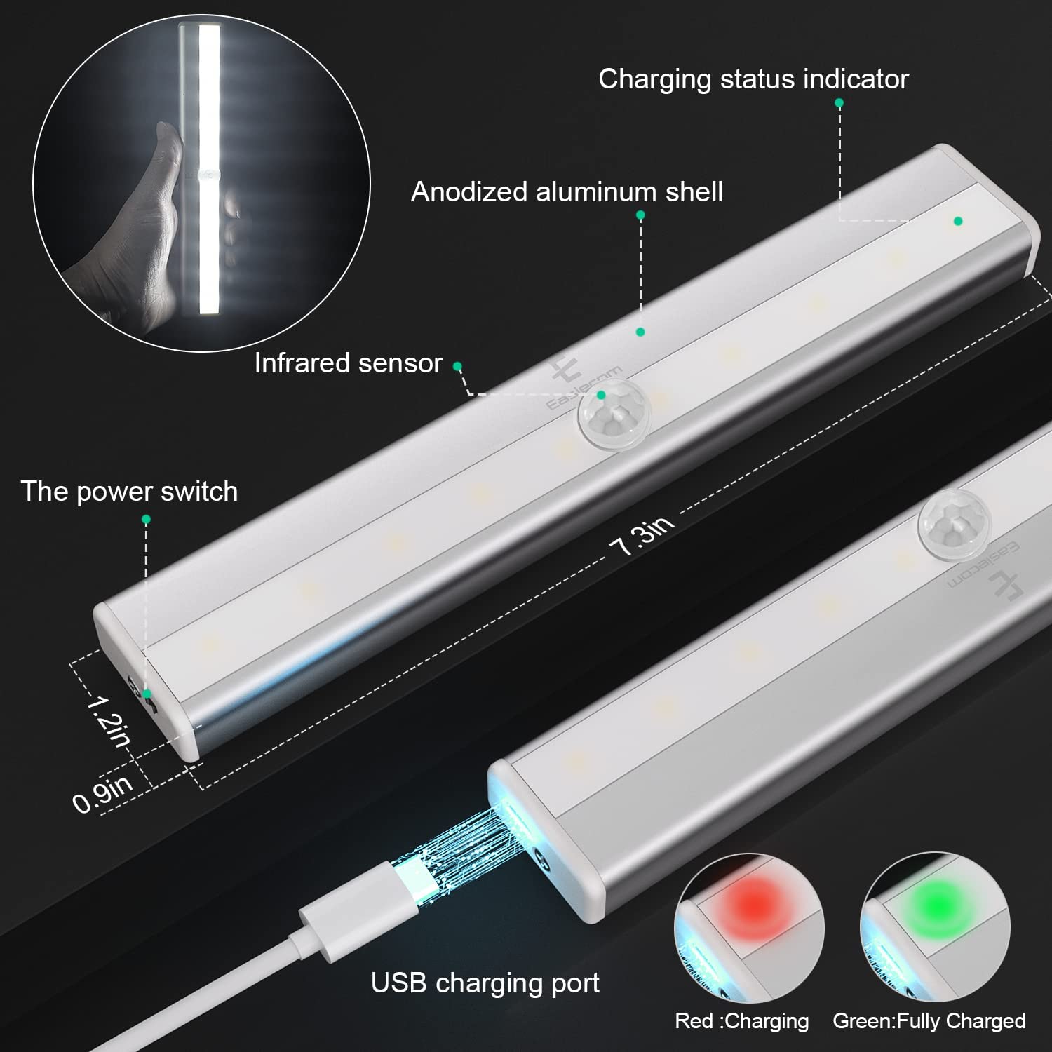 Easiecom Under Cabinet Lights Wireless, USB Rechargeable 10-LEDs Closet Lights with Motion Sensor, LED Under Counter Lights for Kitchen Closet Hallway Stairway (4 Pack)
