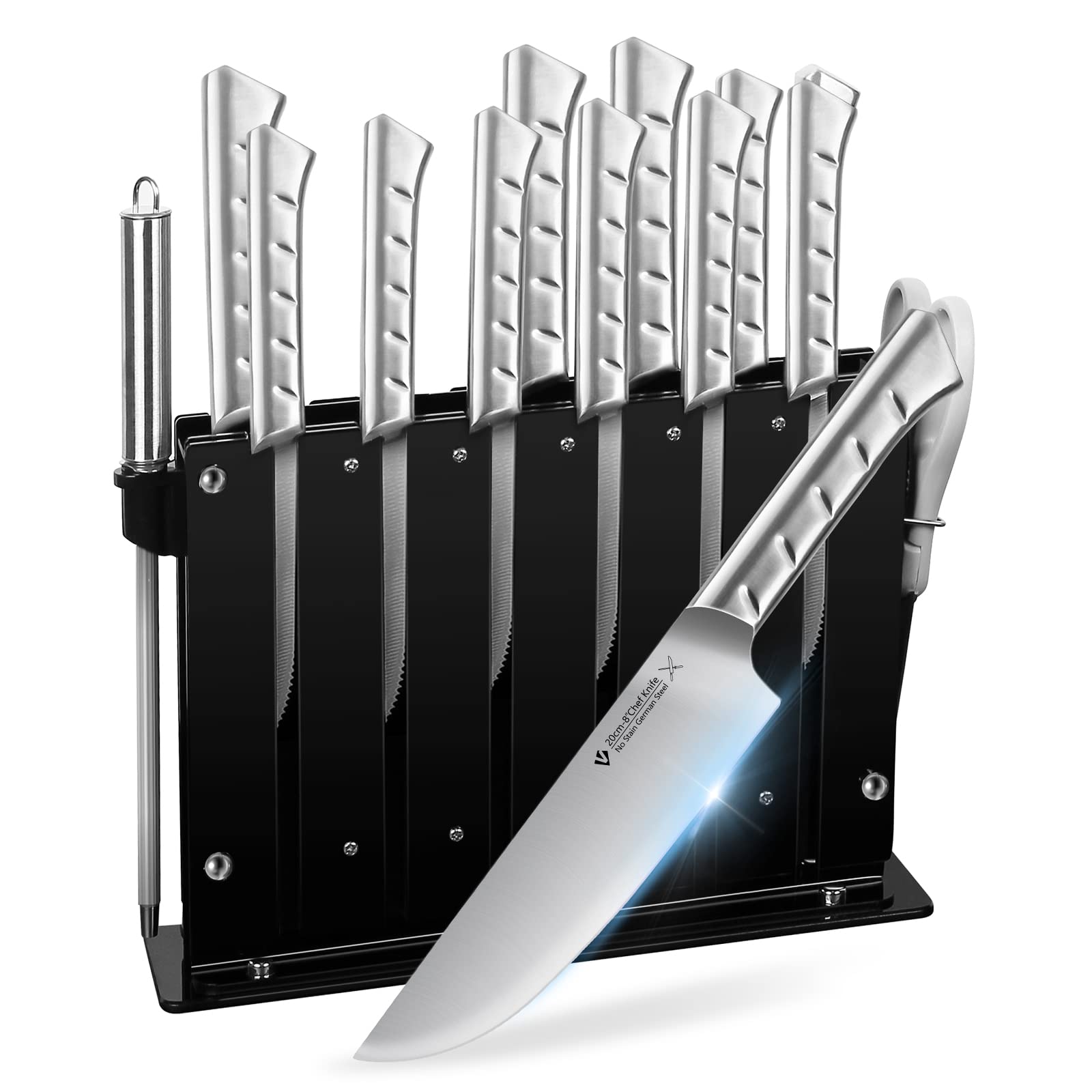 Knife Set, Ultra Sharp knives set for kitchen with block, Anti rust Stainless Steel Chef Knife Set with Steak Knives 15PCS