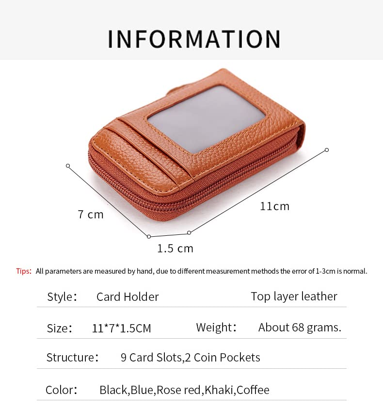 Genuine Leather Holder Zipper Credit Card Wallet RFID Organ Card Holder Purse Coin Wallet with ID Card Window (Khaki)