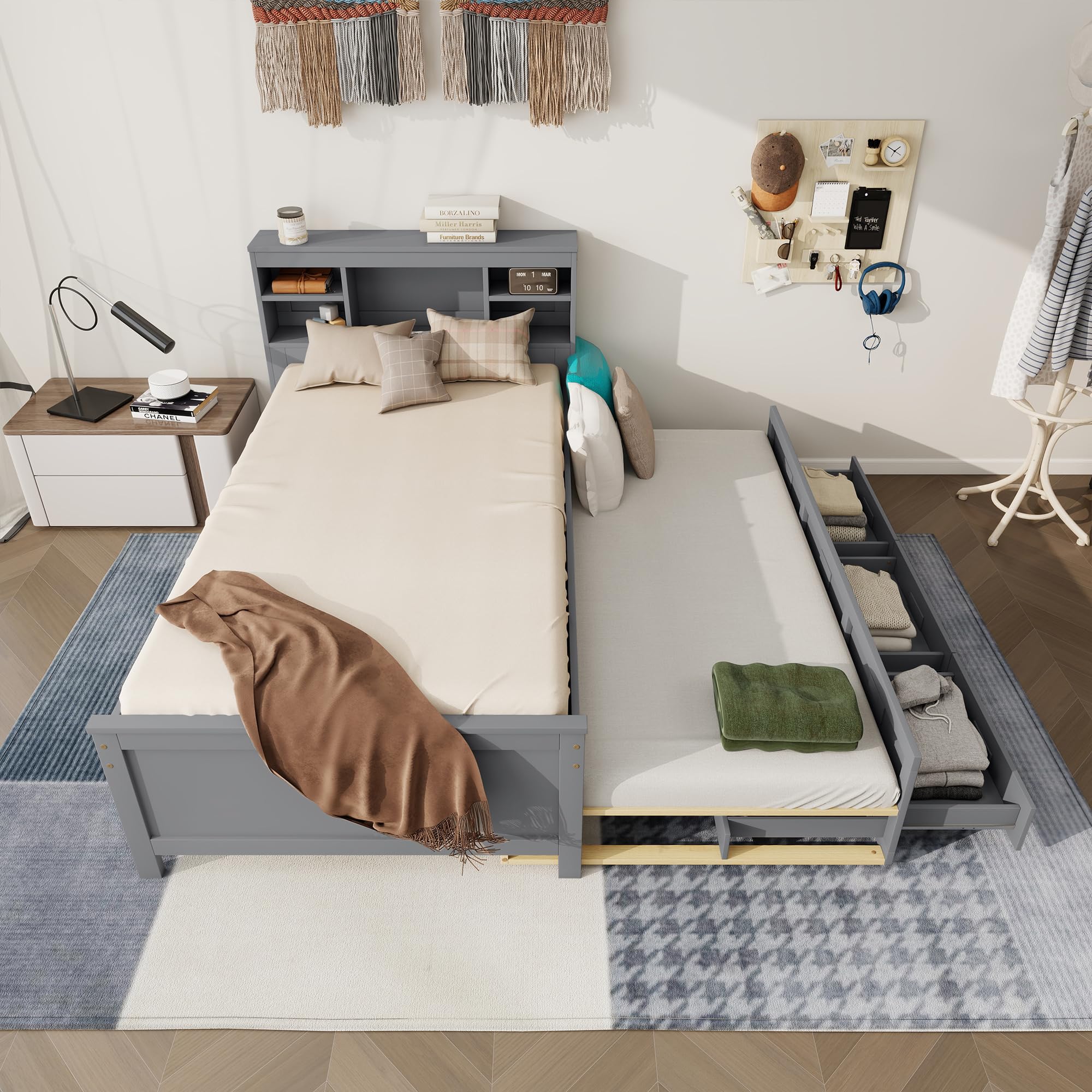 LUSPAZ Full Size Platform Bed Frame with Storage Headboard, USB Charging Station, Twin Size Trundle and 3 Drawers for Bedroom and Apartment, Wood Bed Frame, No Box Spring Required,Easy Assembly,Gray
