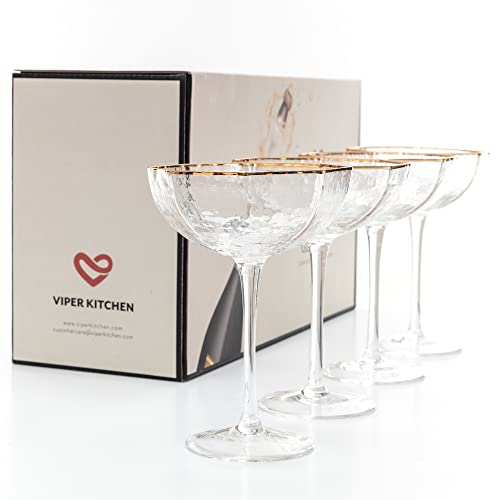 Viper Kitchen Champagne Coupe Glasses Set of 4 - Cocktail Glassware with Art Deco Gold Rim for Vintage Martini, Manhattan, or Daiquiri - Speakeasy Style Glass 5 oz