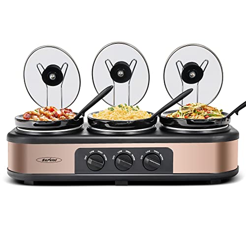 Slow Cooker, Dual and Triple Slow Cooker Buffet Server Multiple Pot Food Warmer, Slow Cooker Buffet Food Warmer Adjustable Temp Lid Rests Stainless Steel