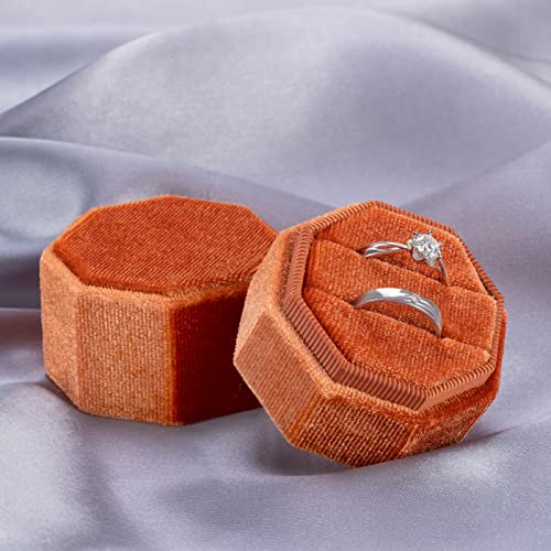 Smileshe Ring Box, Velvet Jewelry Boxes for Proposal Engagement Wedding Ceremony,Octagon Mini Double Ring Slot Bearer Case with Detachable Lid