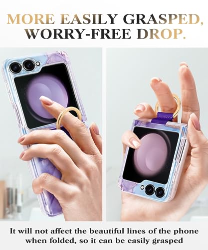 Vowodu Marble Case for Samsung Galaxy Z Flip 5 Case with Ring, [Precise Camera Protection]+[1*Screen Protector], Wireless Charging Anti-Scratch Shockproof Case for Z Flip 5 5G (Blue Purple)