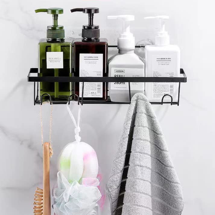 Shower Caddy, Adhesive Shower Organizer, Shower Shelf with 8 Removable Hooks, No Drilling, Rustproof Stainless Steel Black Shower Storage Basket Shelf for Kitchen, Bathroom