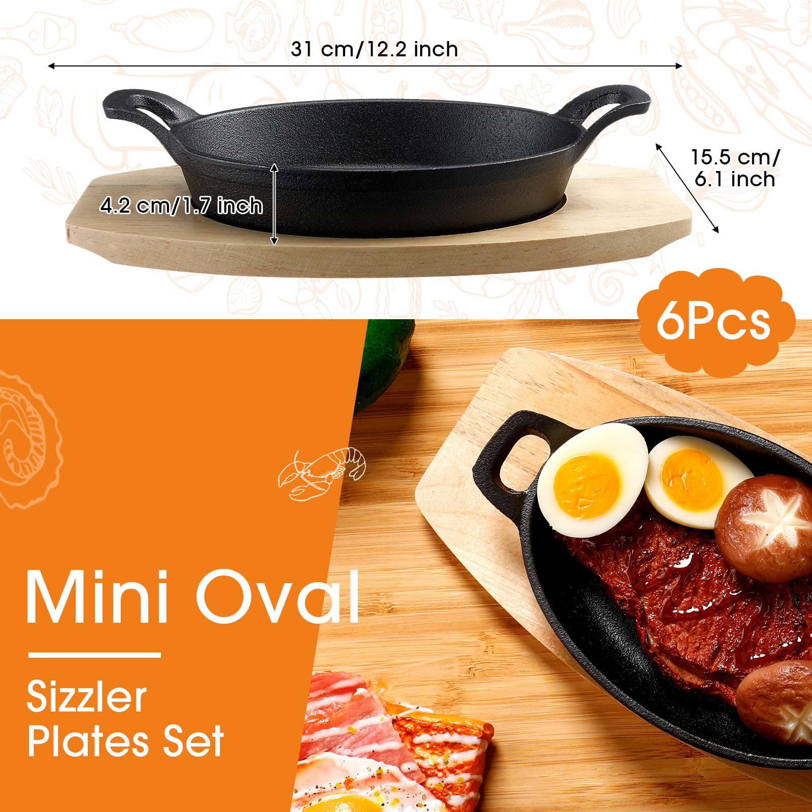 Mifoci 6 Sets Mini Cast Iron Skillets,oval Fajita Plates with Wooden Base Dish Tray Serving Sizzling Plate for Baking Roasting Cooking Grilling Appetizer (8.5x6.1x1.7 In)