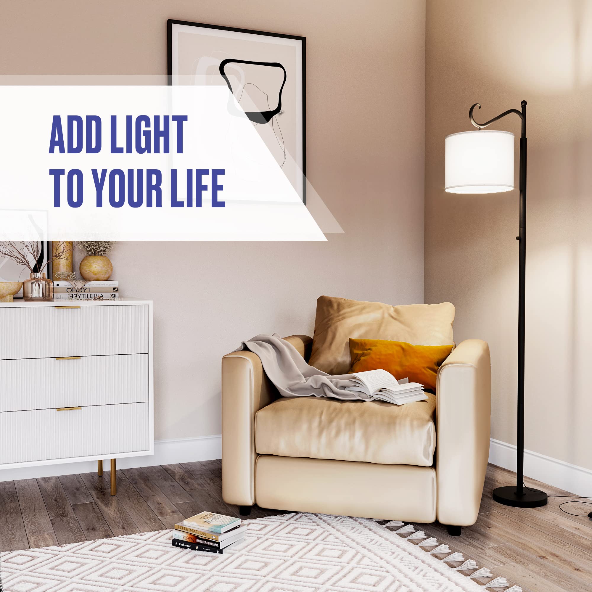 Dimmable Arc Floor Lamp - Standing Lamp with Dimmer for Living Room, Bedroom, Office - Black Arched Tall Lamp with Beige Linen Shade (LED Bulb Included)